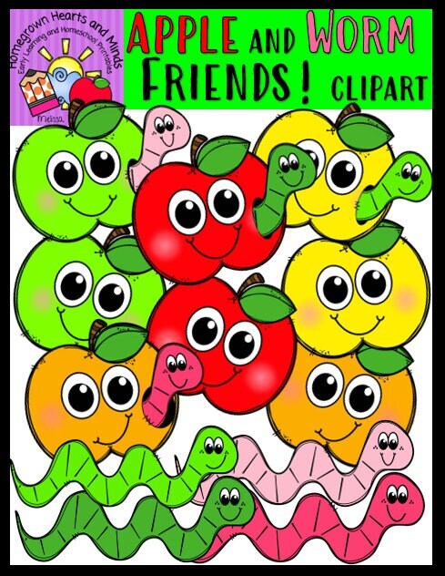 Apple and Worm Friends Clipart - Etsy