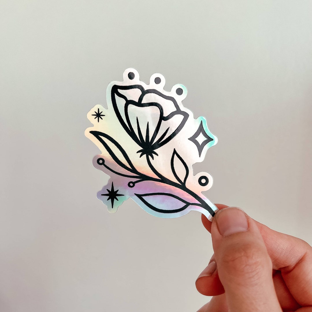 Holographic Flower Sticker – Floral Line Art, Waterproof Vinyl - Etsy