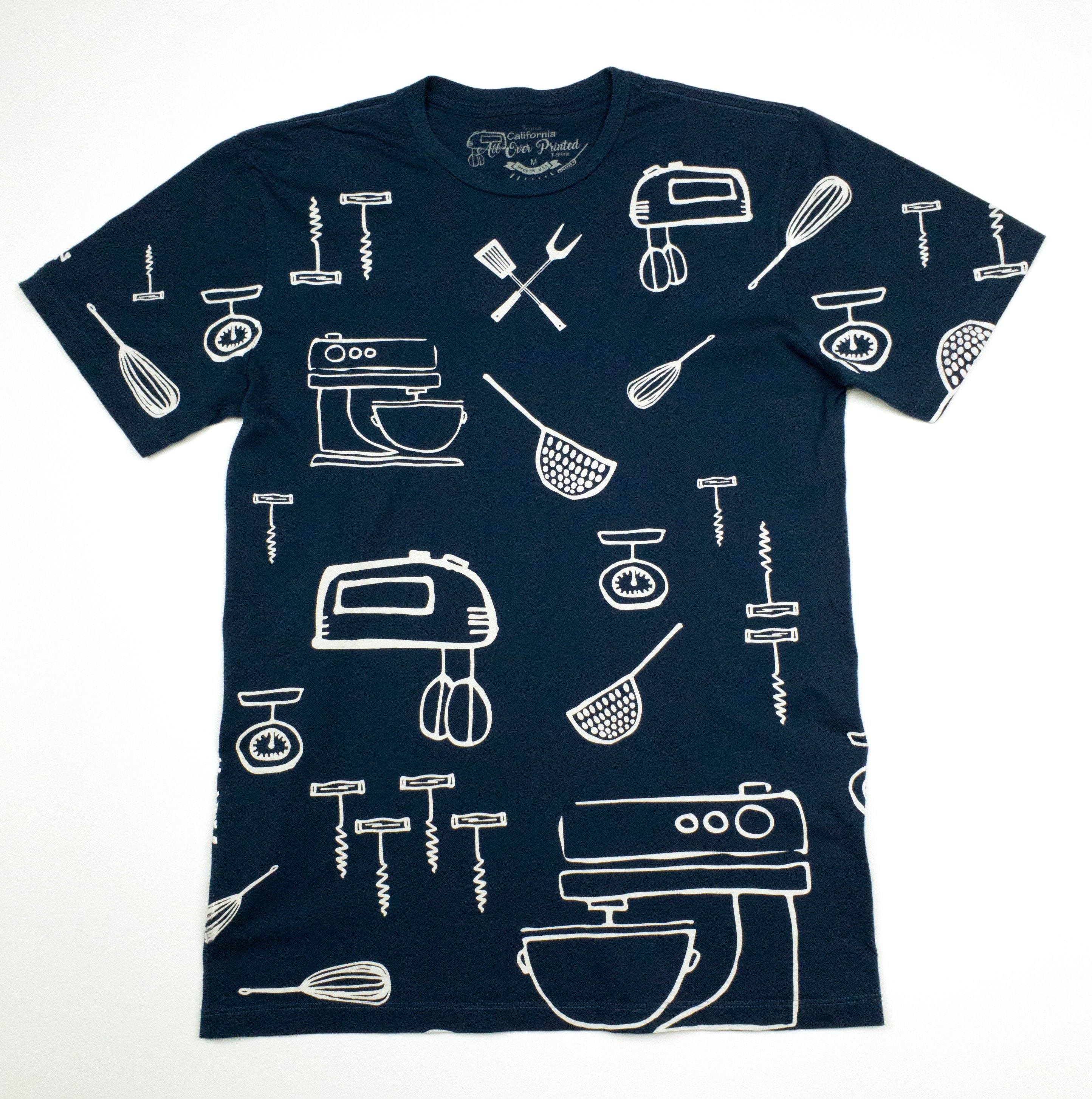 Men's and Women's T-shirts, Cooking All Over Print Tees Navy/white ...