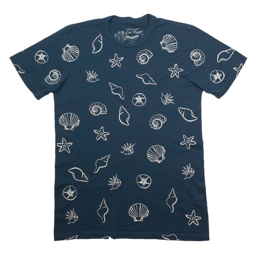 Men's and Women's T-shirts, Shells All Over Print Tees Navy/white Print ...