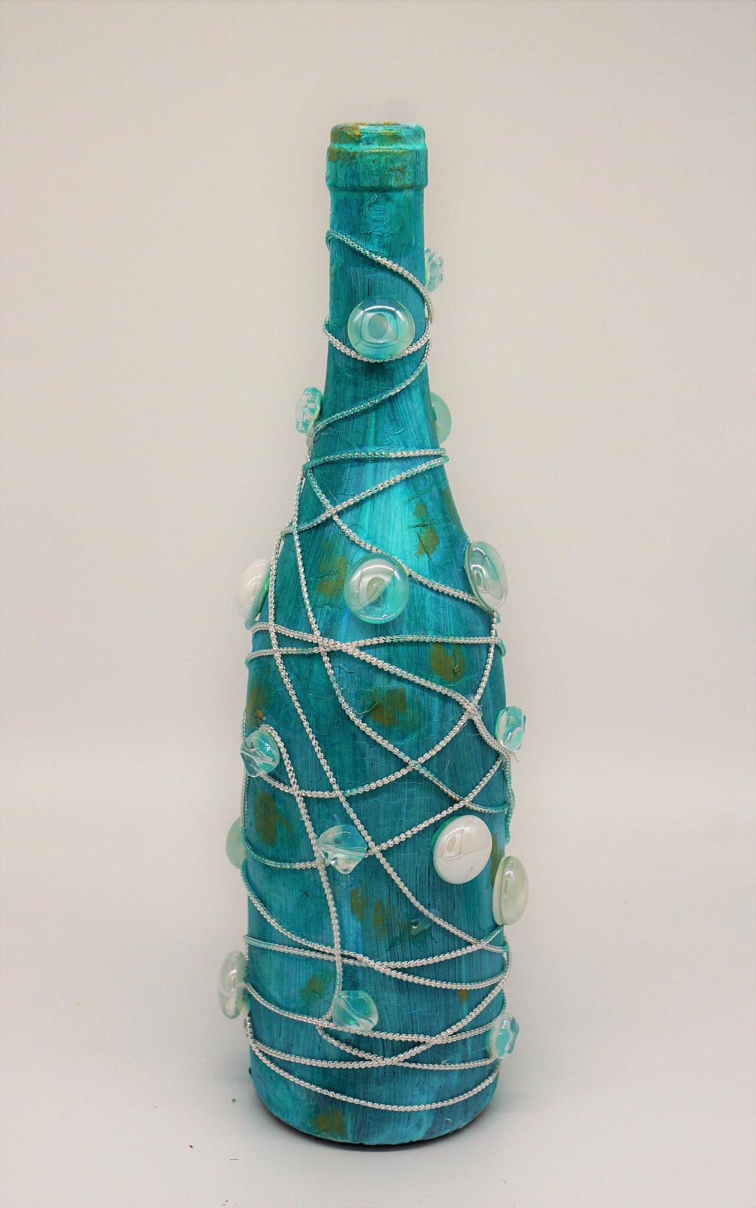 Blue Decorative Wine Bottle With Glass Stones and Silver Cord - Etsy