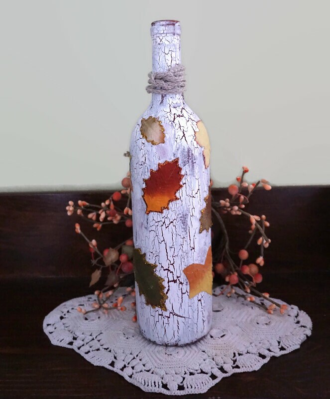 Rustic Crackled Wine Bottle-white Wine Bottle With Autumn - Etsy