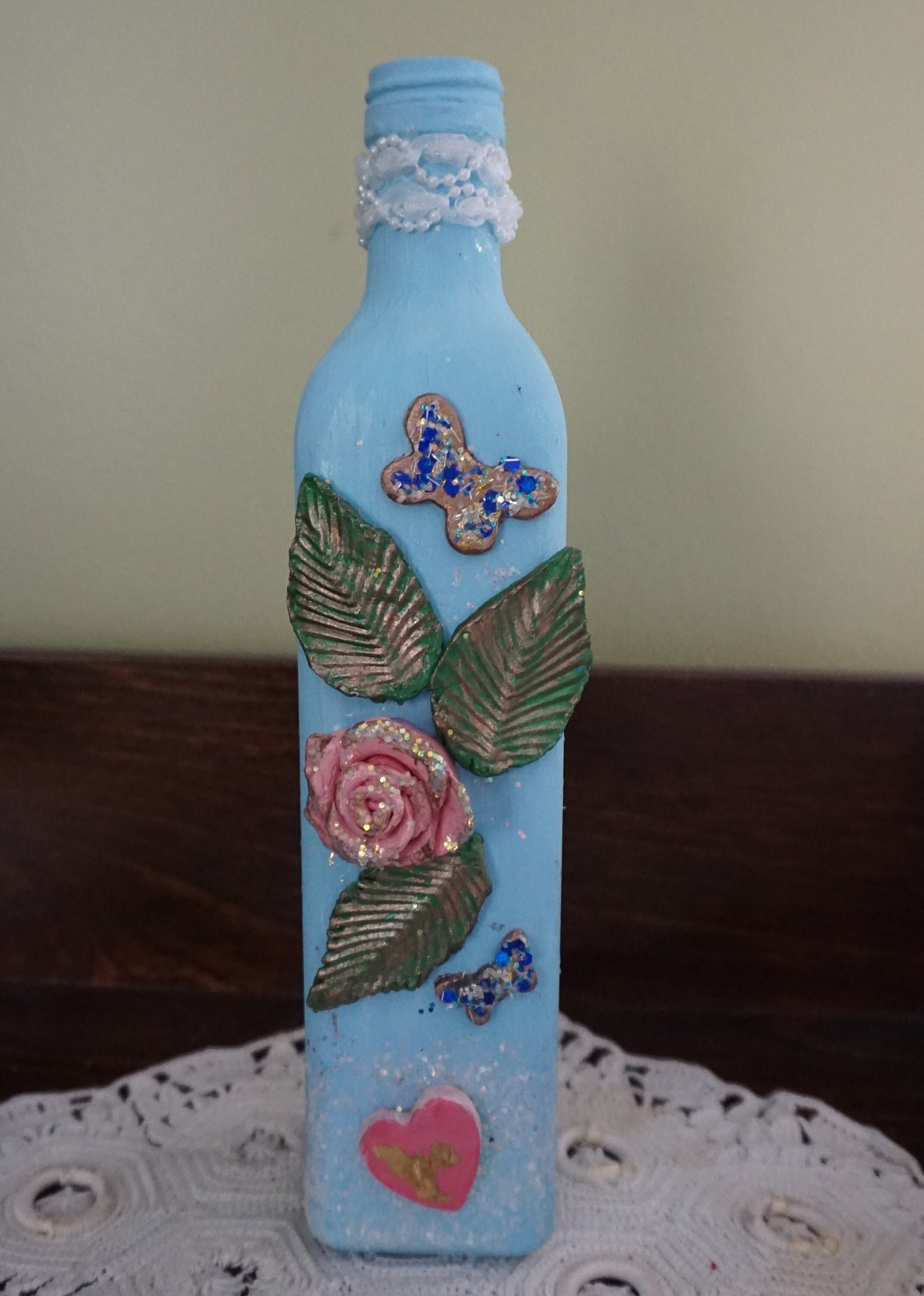 Blue Bottle With Butterflies Heart and Rose - Etsy