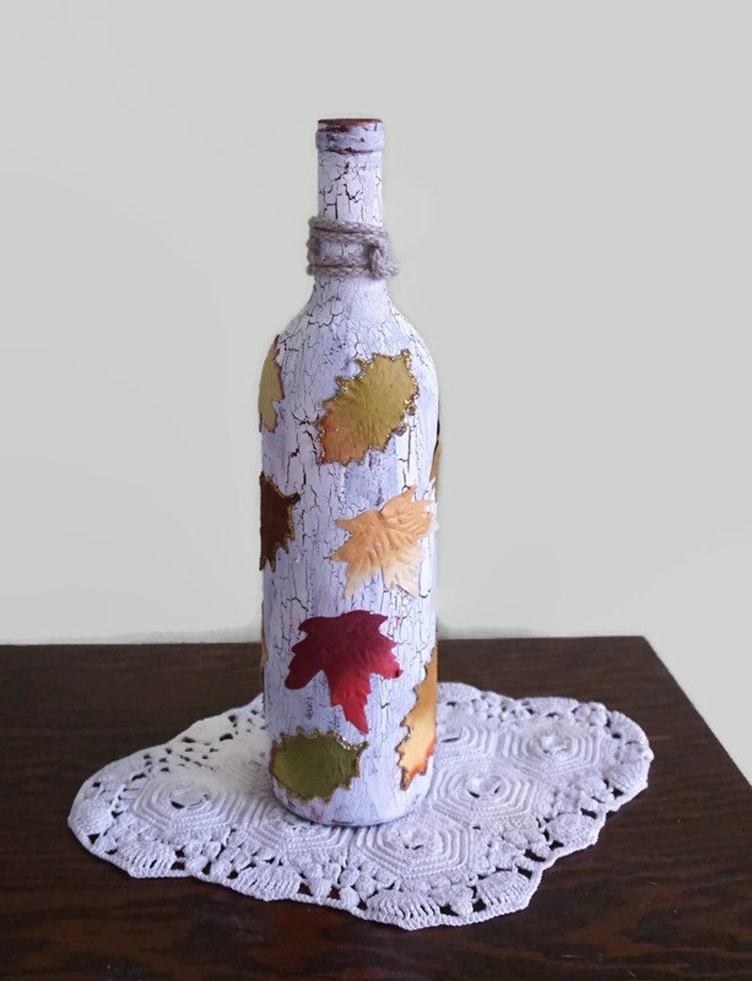 Rustic Crackled Wine Bottle-white Wine Bottle With Autumn Leaves ...