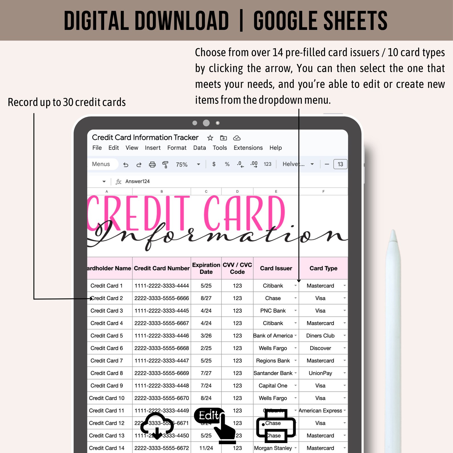 Credit Card Information Tracker | Personal Finance Organizer | Credit ...