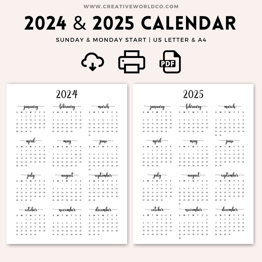 Minimalist Yearly Calendar 2024 and 2025 Letter and A4 Size Monday ...