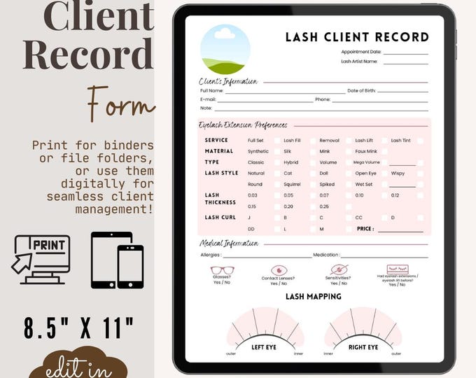 Lash Client Record Template, Editable Lash Mapping Printable Form ...