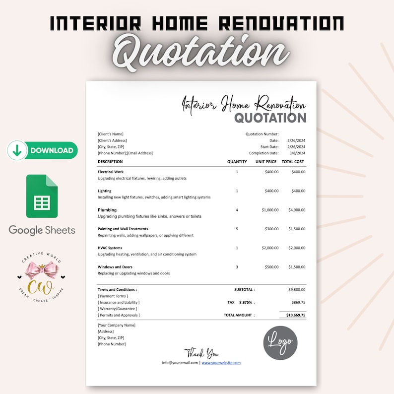 Interior Home Renovation Quotation | Google Sheets Template | Editable ...