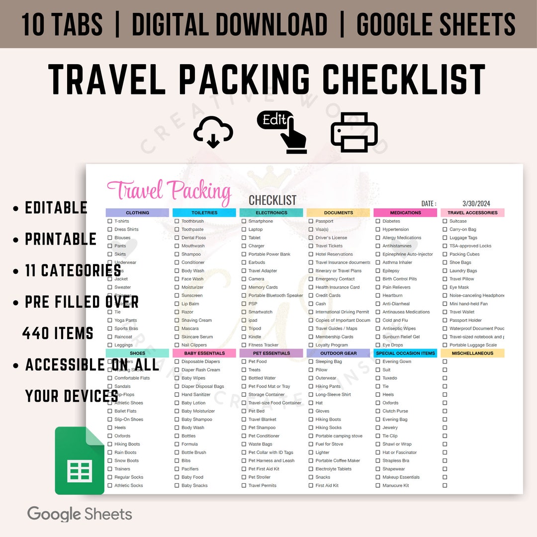 Comprehensive Travel Packing Checklist Spreadsheet | Google Sheets ...
