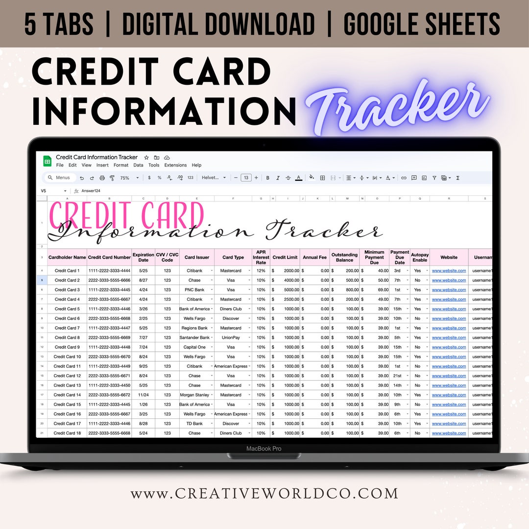 Credit Card Information Tracker | Personal Finance Organizer | Credit ...