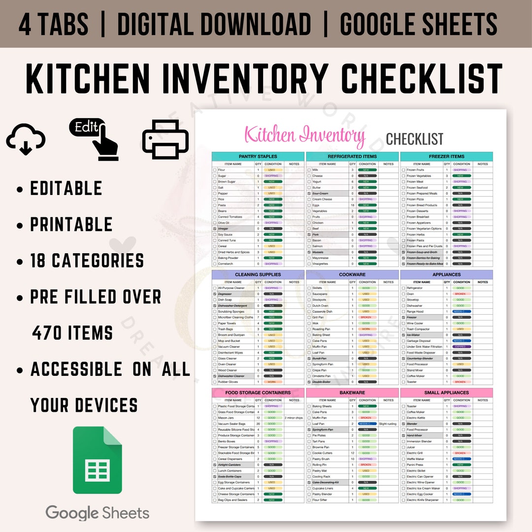 Comprehensive Kitchen Inventory Checklist Spreadsheet | Google Sheets ...