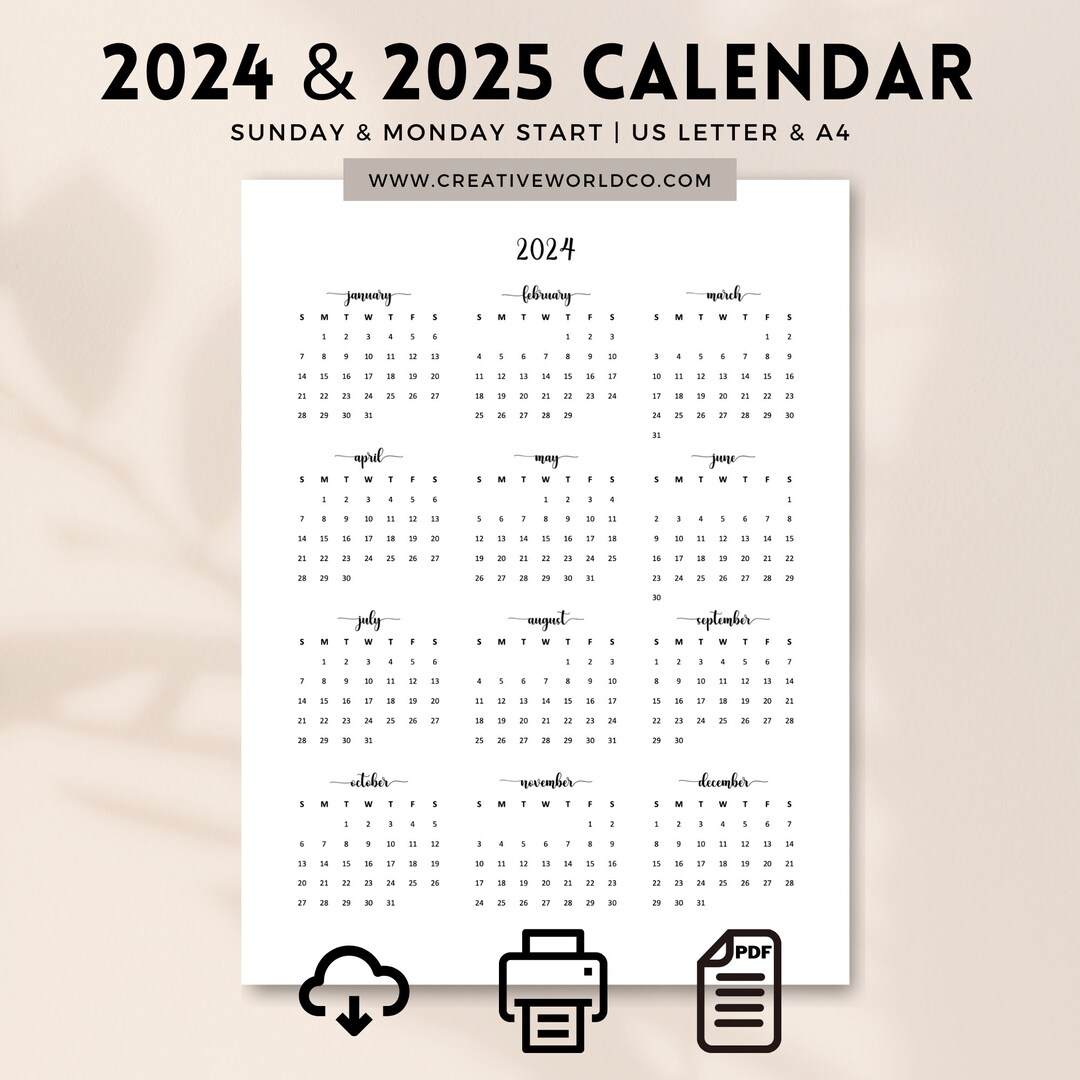 Minimalist Two-year Calendar 2024-2025 Letter and A4 Size Monday ...