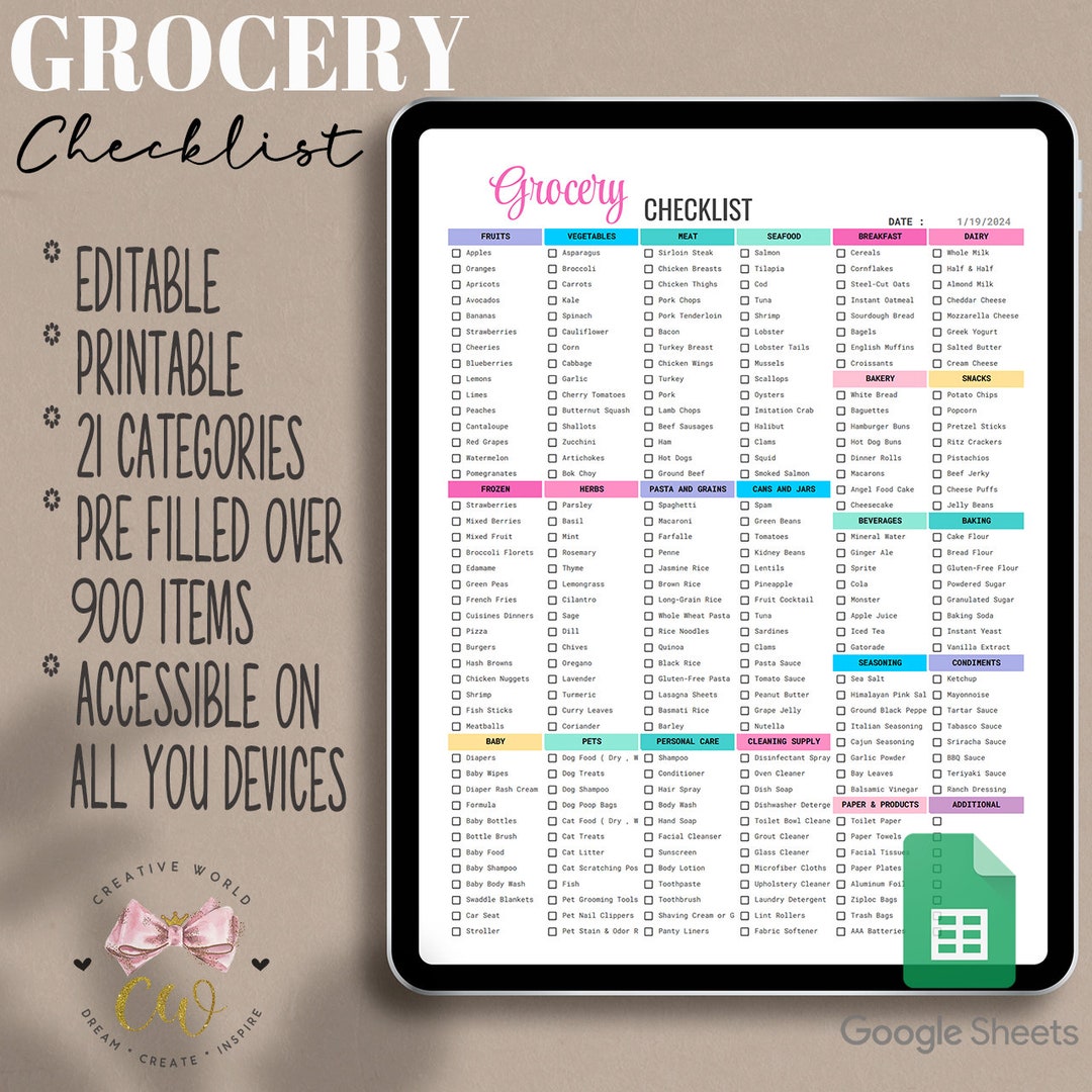 Comprehensive Grocery Checklist Spreadsheet Google Sheets Template ...