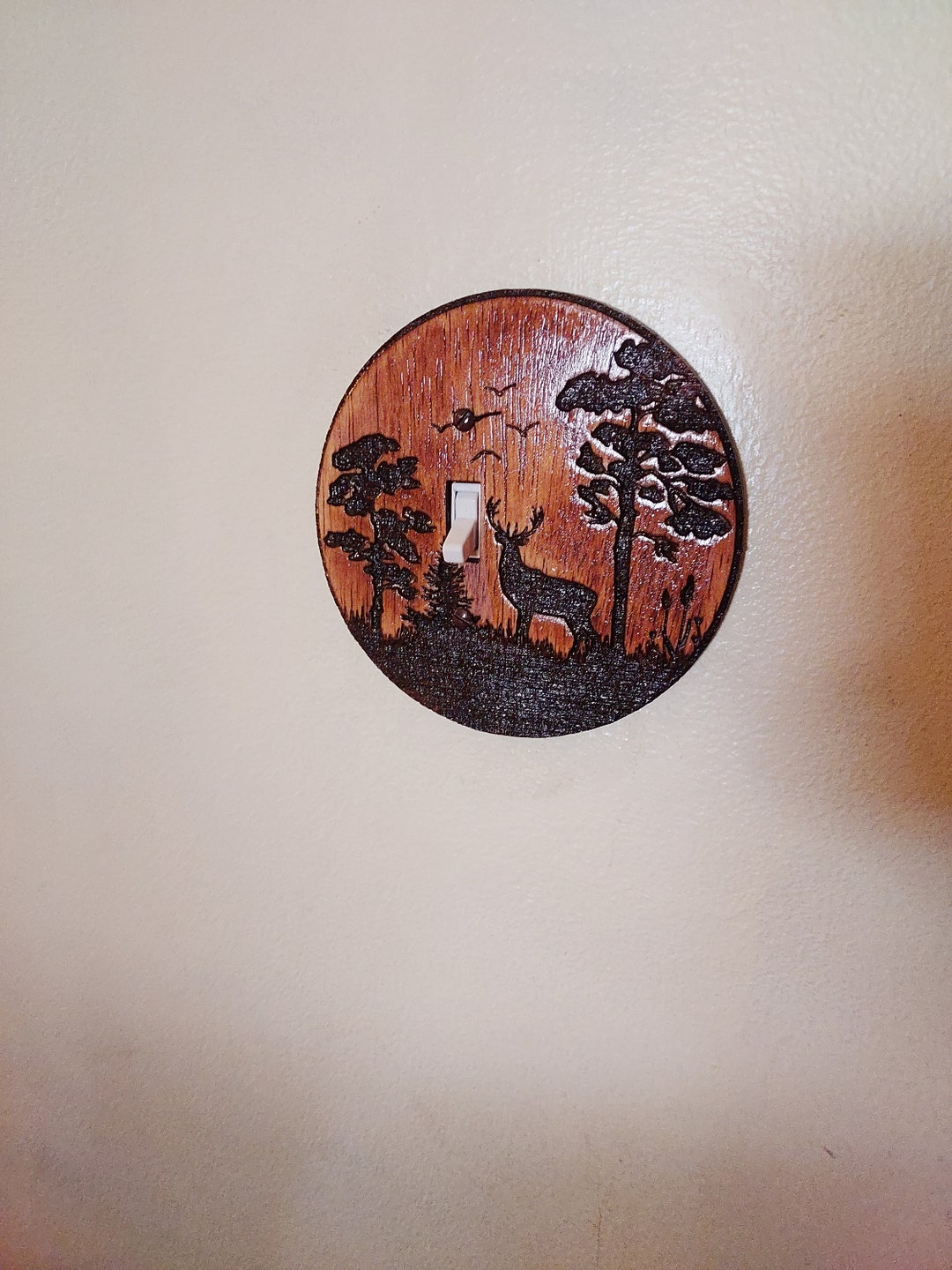 Rustic Deer in Forest Round Light Switch Cover 4.5 Inches Handmade Home ...