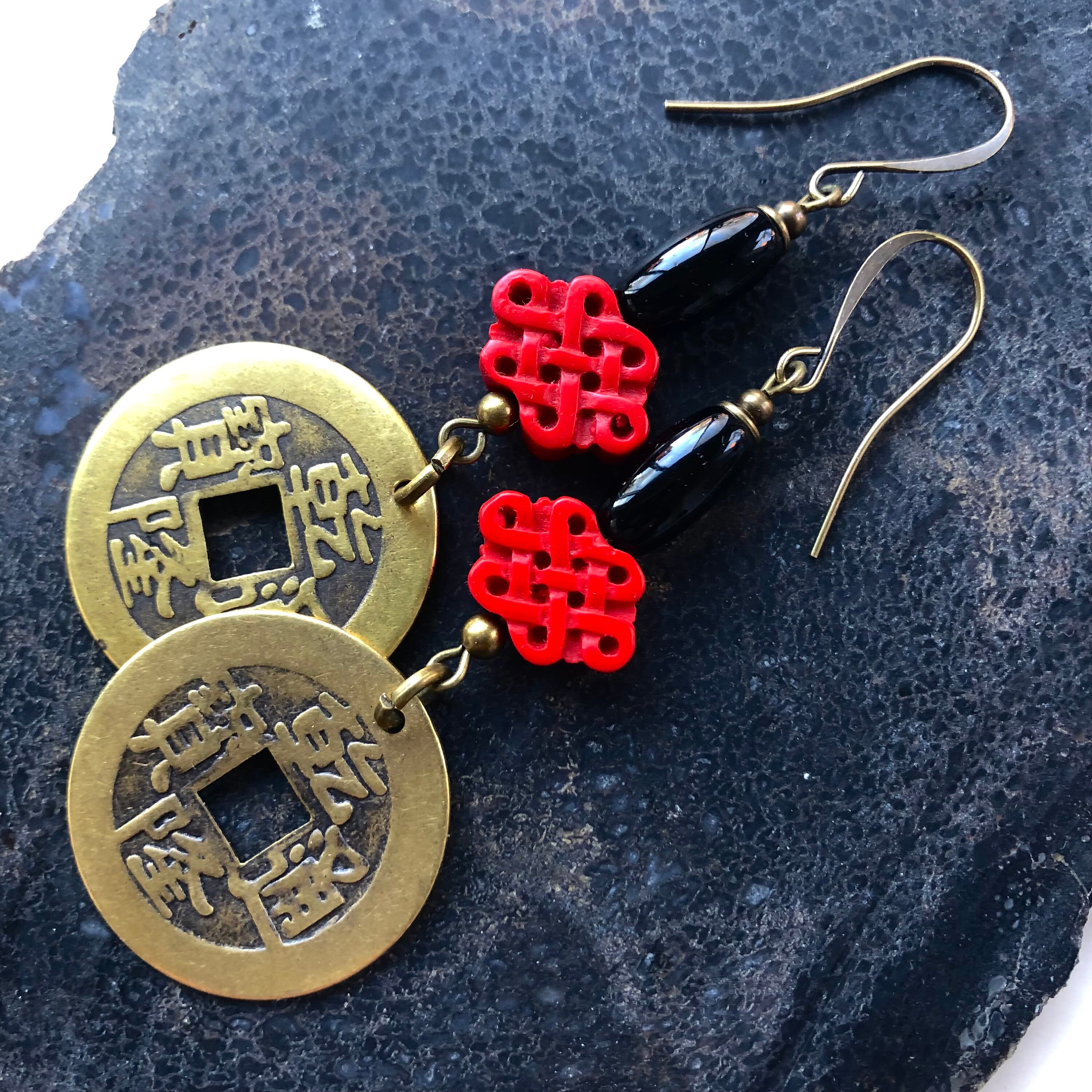 OBSIDIAN and Everlasting KNOT Qian Long Coin Earrings Brass Earring ...