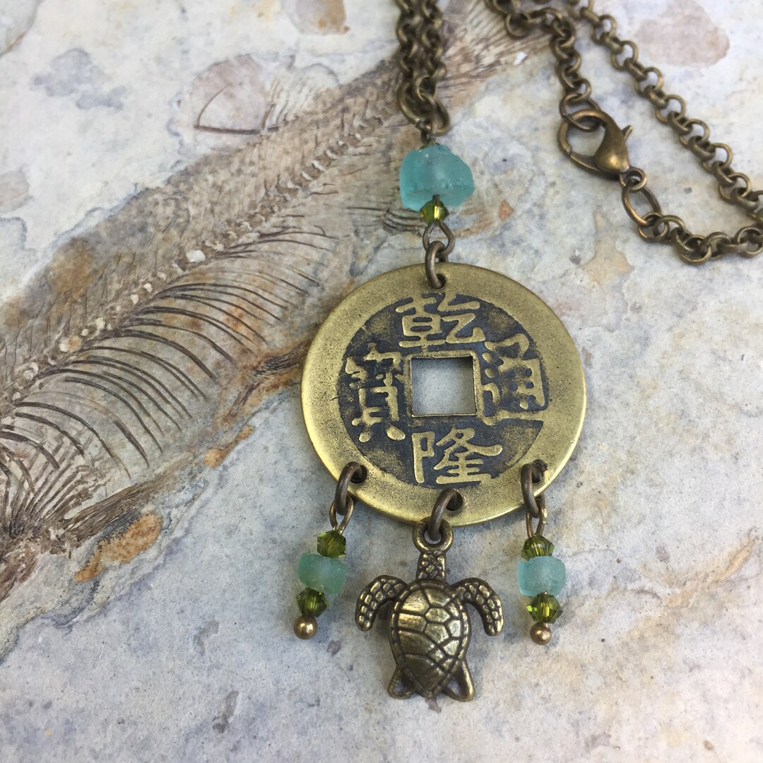 SEA TURTLE Collar Joyería de playa Réplica de latón Antigua moneda ...