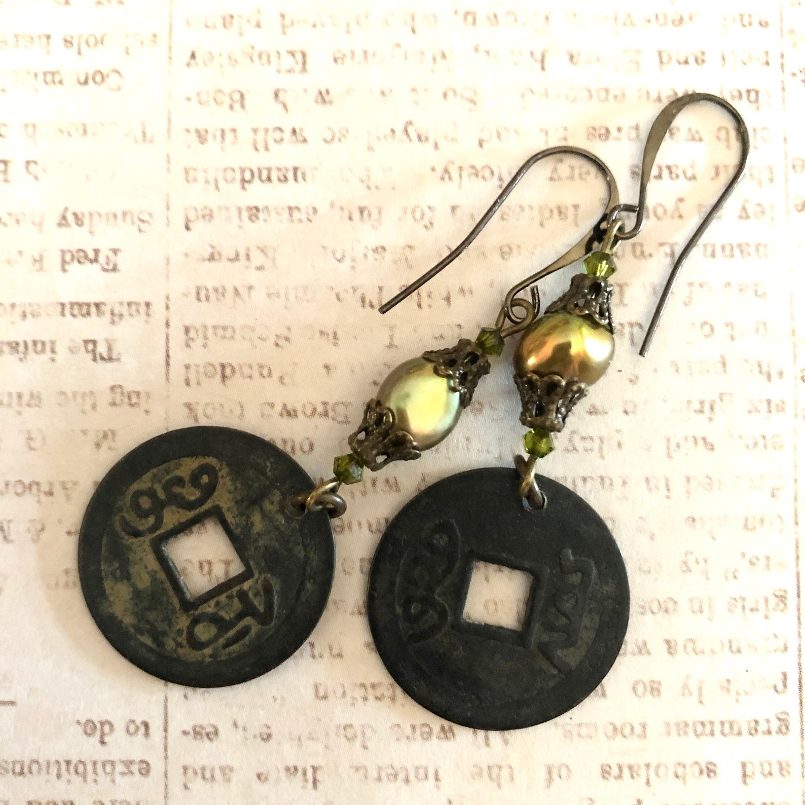 OLIVINE Splendor - Cultured PEARLS - China Coin Dangles - Elegant Boho ...