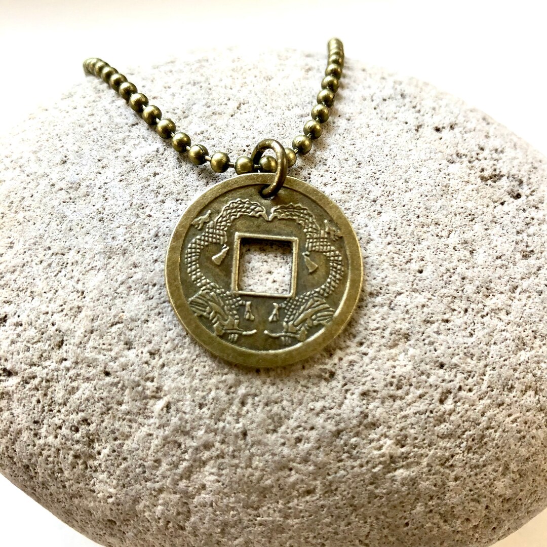 DOUBLE DRAGON - Coin Pendant - 20" Chain - Asian Boho - Good Luck ...
