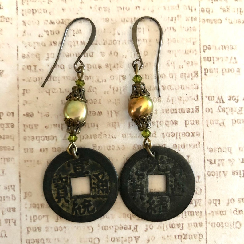 OLIVINE Splendor - Cultured PEARLS - China Coin Dangles - Elegant Boho ...