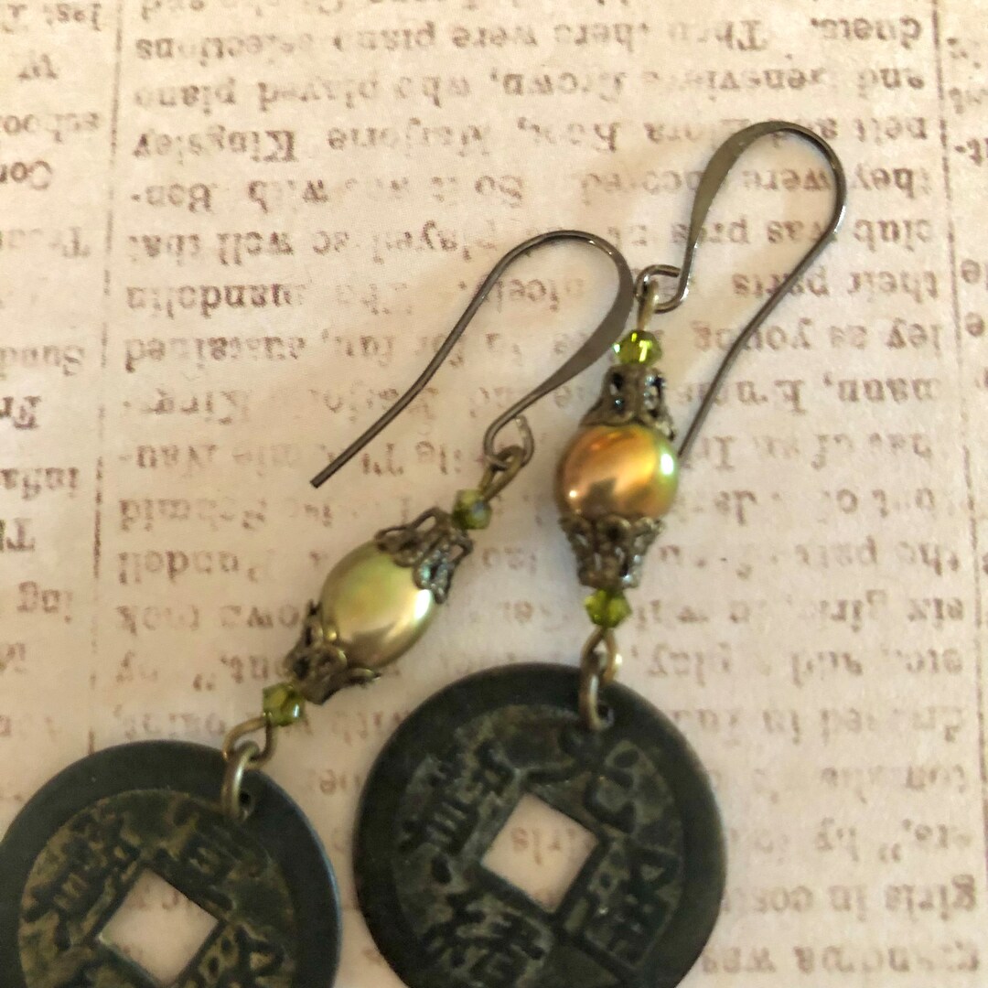 OLIVINE Splendor - Cultured PEARLS - China Coin Dangles - Elegant Boho ...