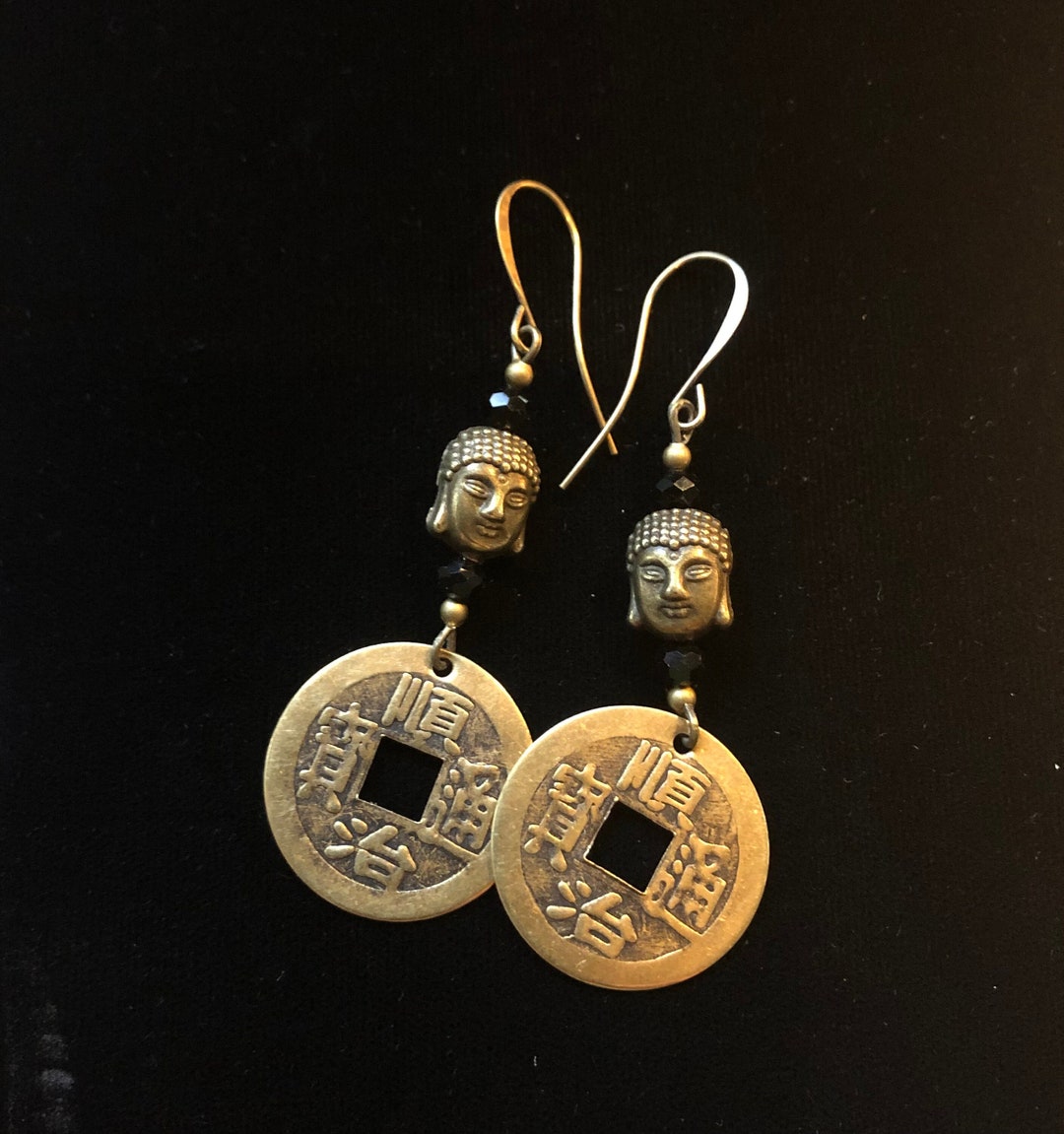 BUDDHA Earrings - Old Brass Coin Replicas - Buddhist Gift - Meditation ...