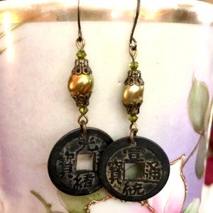 OLIVINE Splendor - Cultured PEARLS - China Coin Dangles - Elegant Boho ...