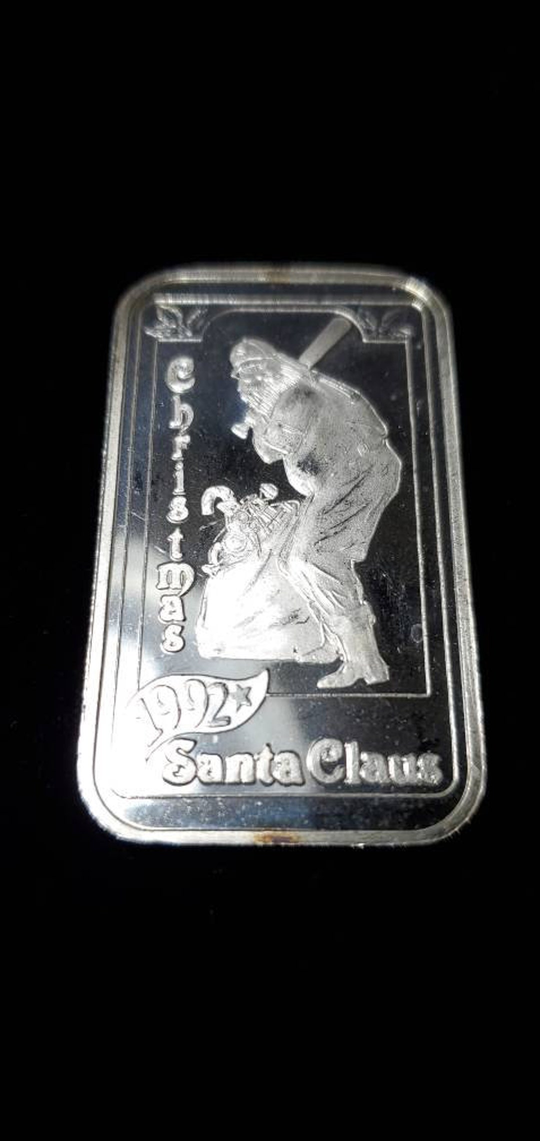 Christmas 1992 - 1 Ounce 999 Silver Art Bar ! Santa Playing Baseball ...