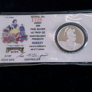 Disney Sneezy 50th Anniversary Coin 1987 .999 Fine Silver 1/2 Troy ...