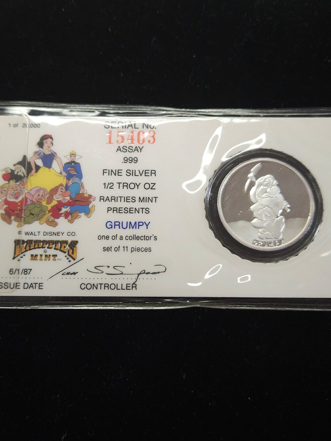 Disney Grumpy 50th Anniversary Coin 1987 .999 Fine Silver 1/2 Troy ...
