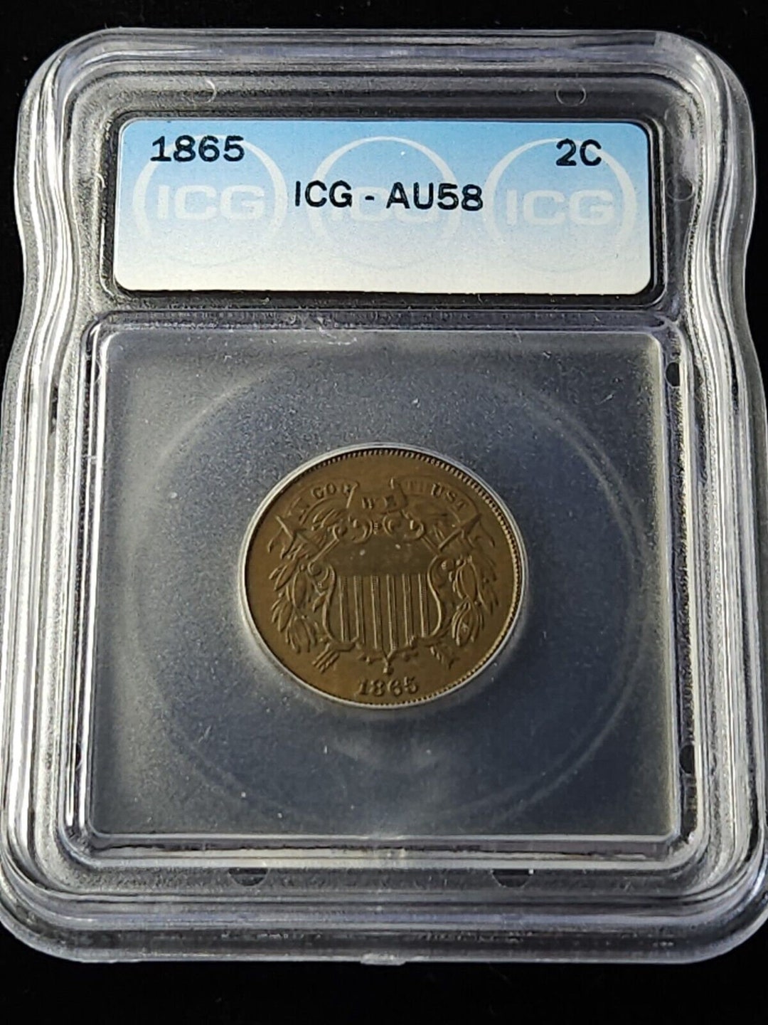 1865 AU58 2 Cent Piece First Coin With in God We Trust Motto Civil War ...