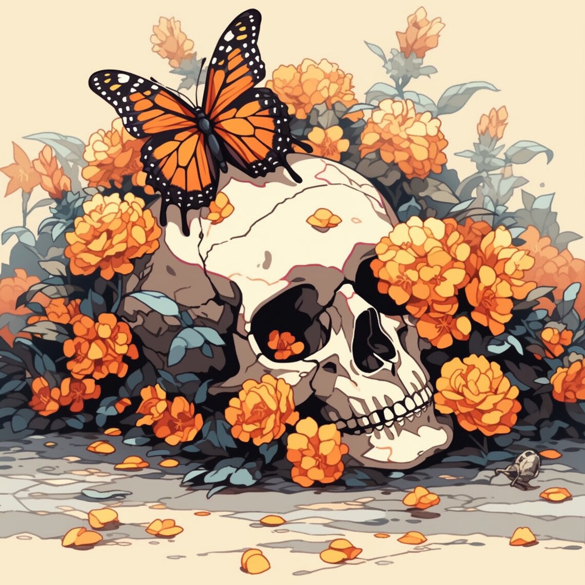 Digital Art Sugar Skull and Marigolds With Monarch Butterfly PNG - Etsy