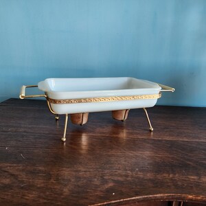 Vintage Fire King MCM Casserole Dish With Stand Atomic White Milk Glass ...