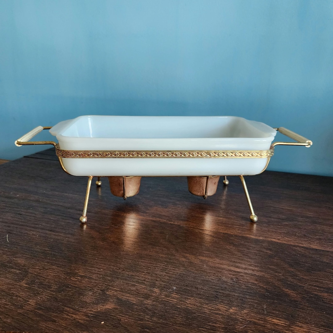 Vintage Fire King MCM Casserole Dish With Stand Atomic White Milk Glass ...