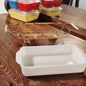 Vintage Fire King MCM Casserole Dish With Stand Atomic White Milk Glass ...