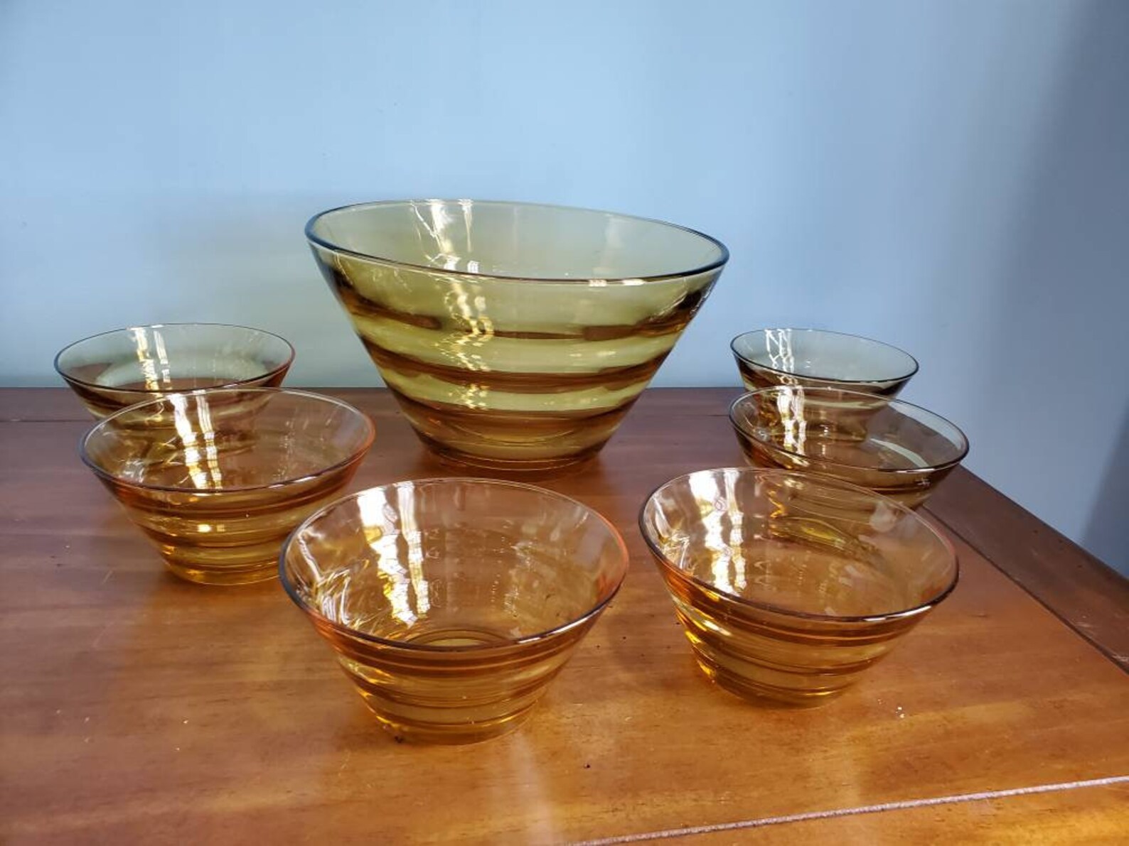 Vintage Amber Glass Salad Bowl Set Waterfall Hazel Atlas 7pc Etsy