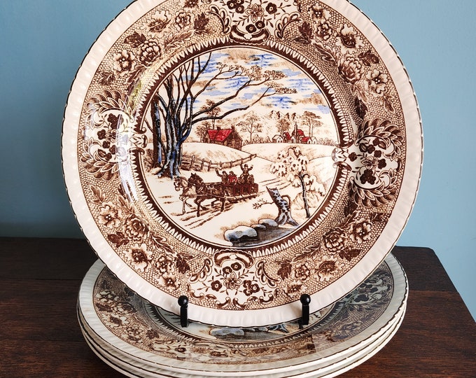 Vintage IDE Brothers Japan Ironstone Plate Set Winter Scene Sleigh ...