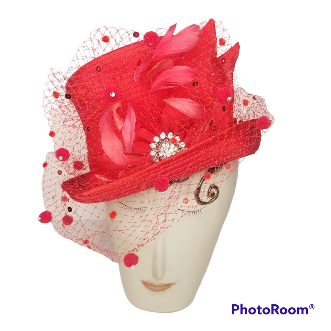 Whittall and Shon Red Church Derby Hat Fancy Rhinestones Sequin ...