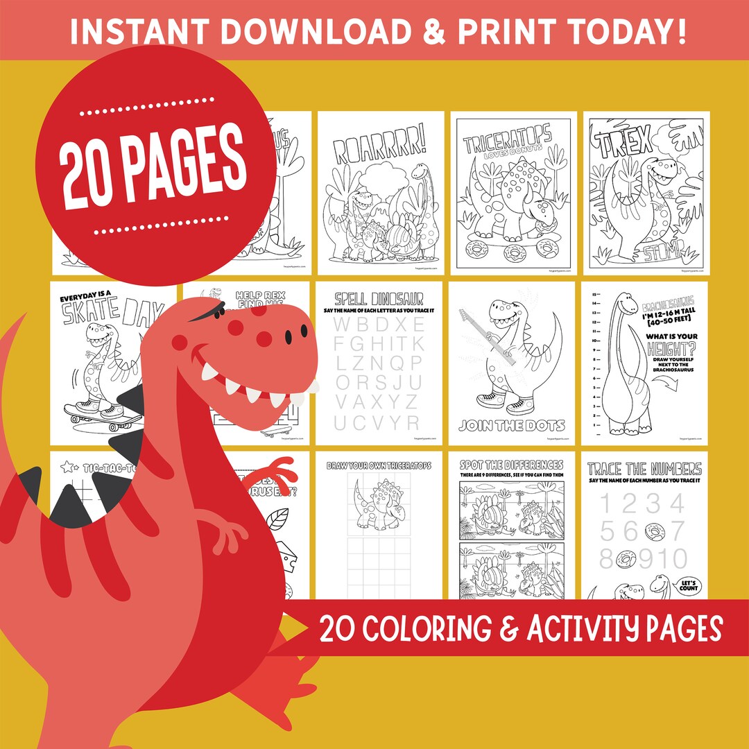 20 PRINTABLE Dinosaur Coloring Pages Activity Sheets Childrens Coloring ...