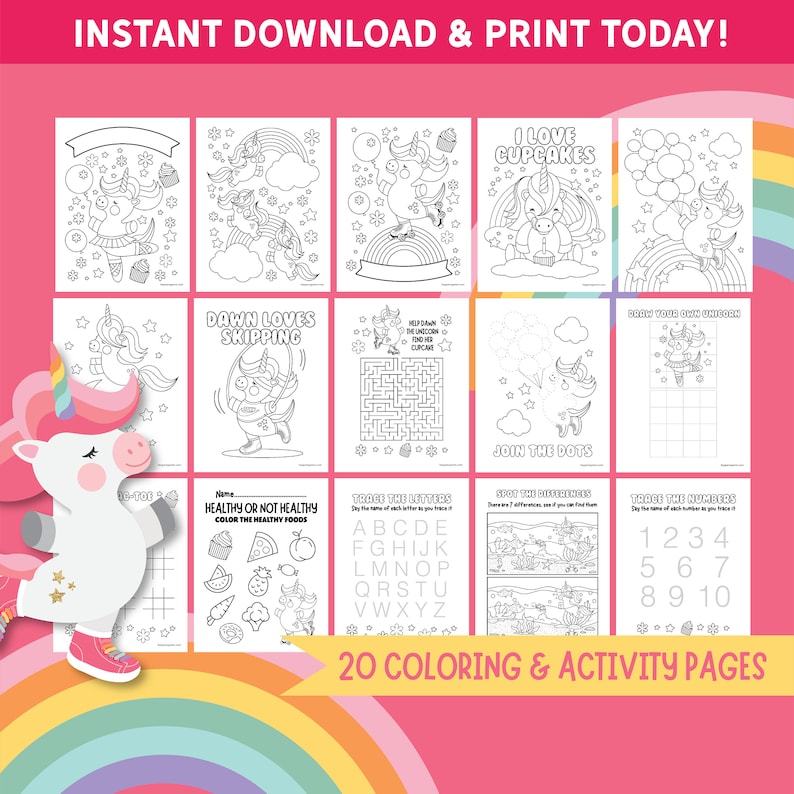 20 PRINTABLE Unicorn Coloring Pages Activity Sheets Kraft | Etsy