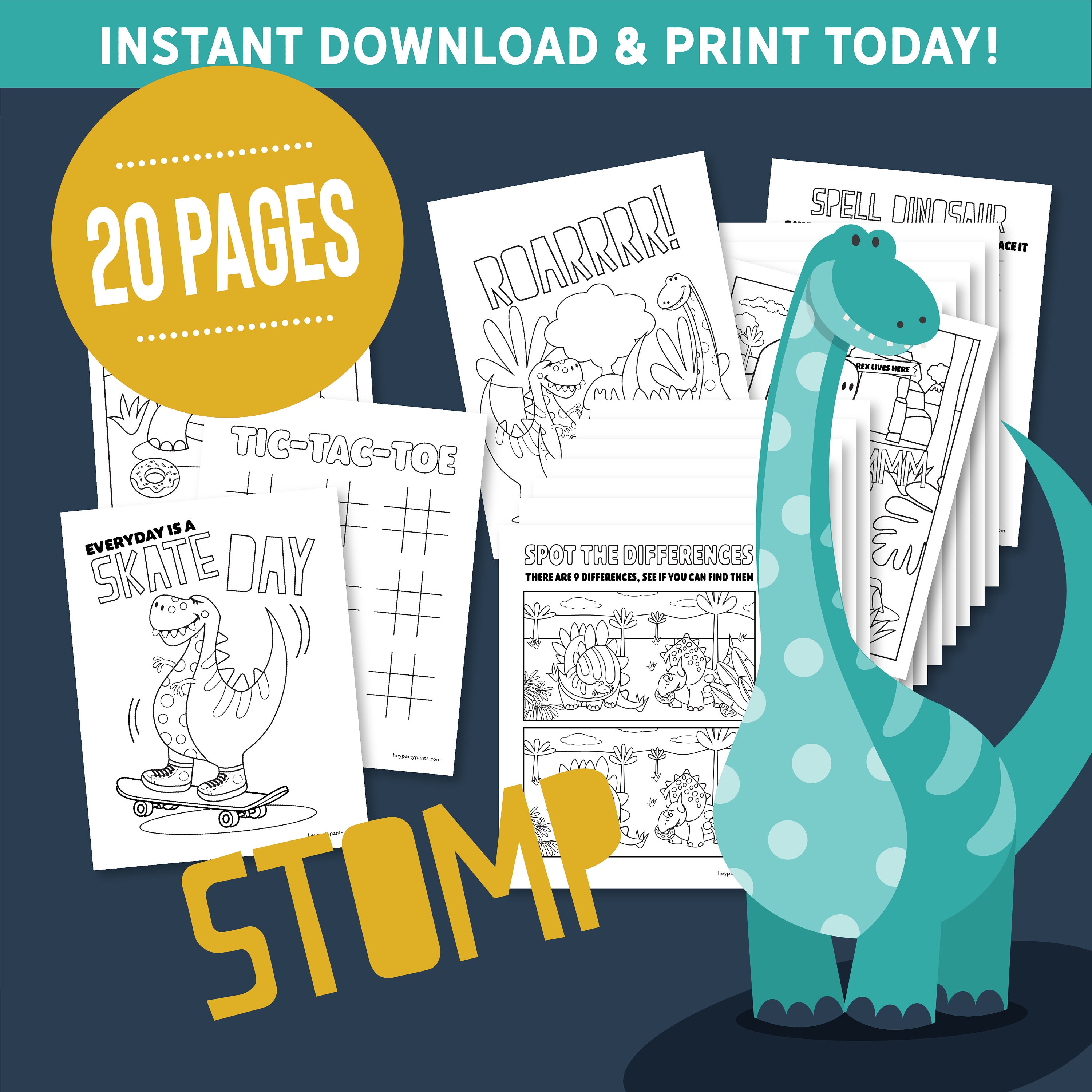 20 PRINTABLE Dinosaur Coloring Pages Activity Sheets Childrens Coloring ...