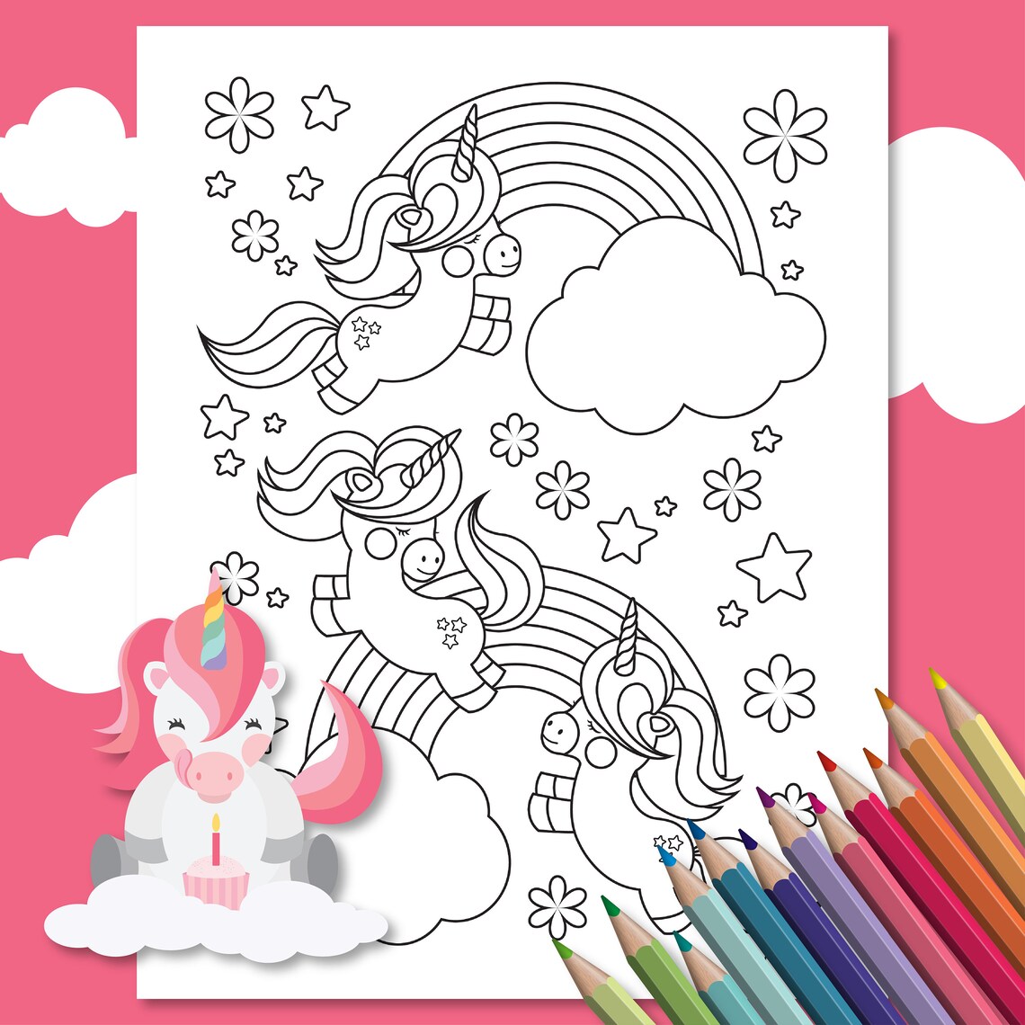 20 PRINTABLE Unicorn Coloring Pages Activity Sheets Kraft | Etsy