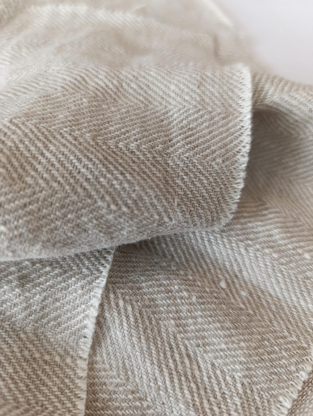 NATURAL Herringbone Pure Linen Fabric, Very Heavy Weight Stonewashed ...
