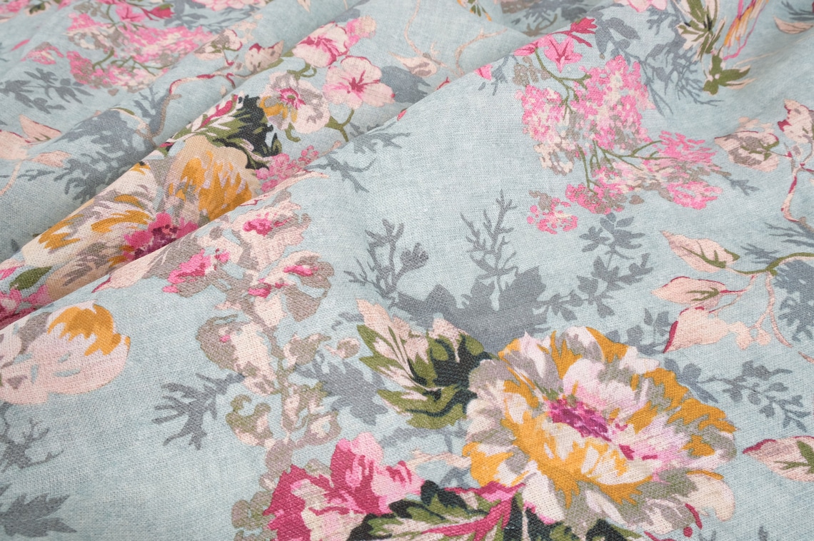 Softened Floral Pattern Linen Fabric Medium Weight Linen With | Etsy