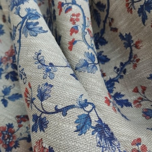 BLUE Floral Pattern Linen Fabric, Heavy Weight Linen Upholstery Washed ...
