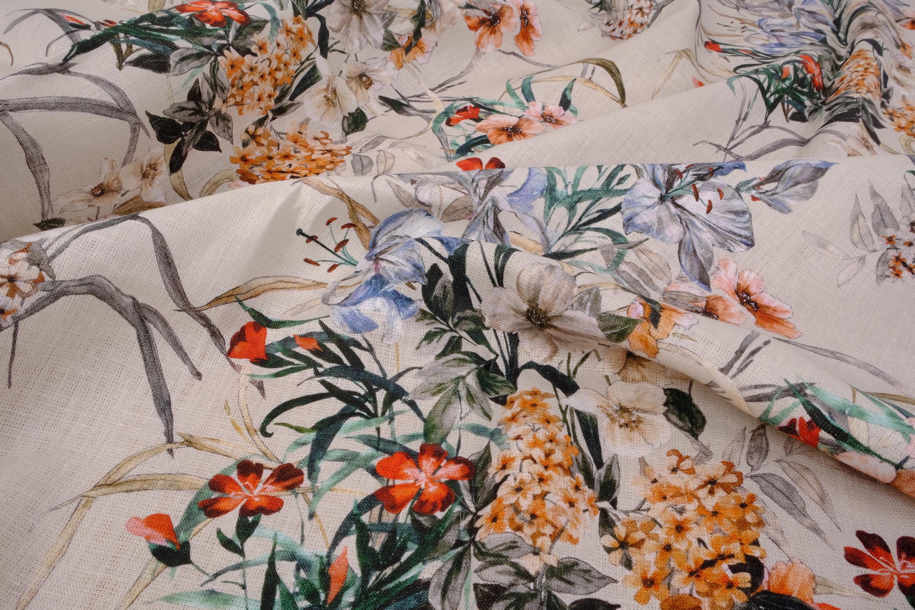 Softened Floral Pattern Linen Fabric Medium Weight Linen With | Etsy