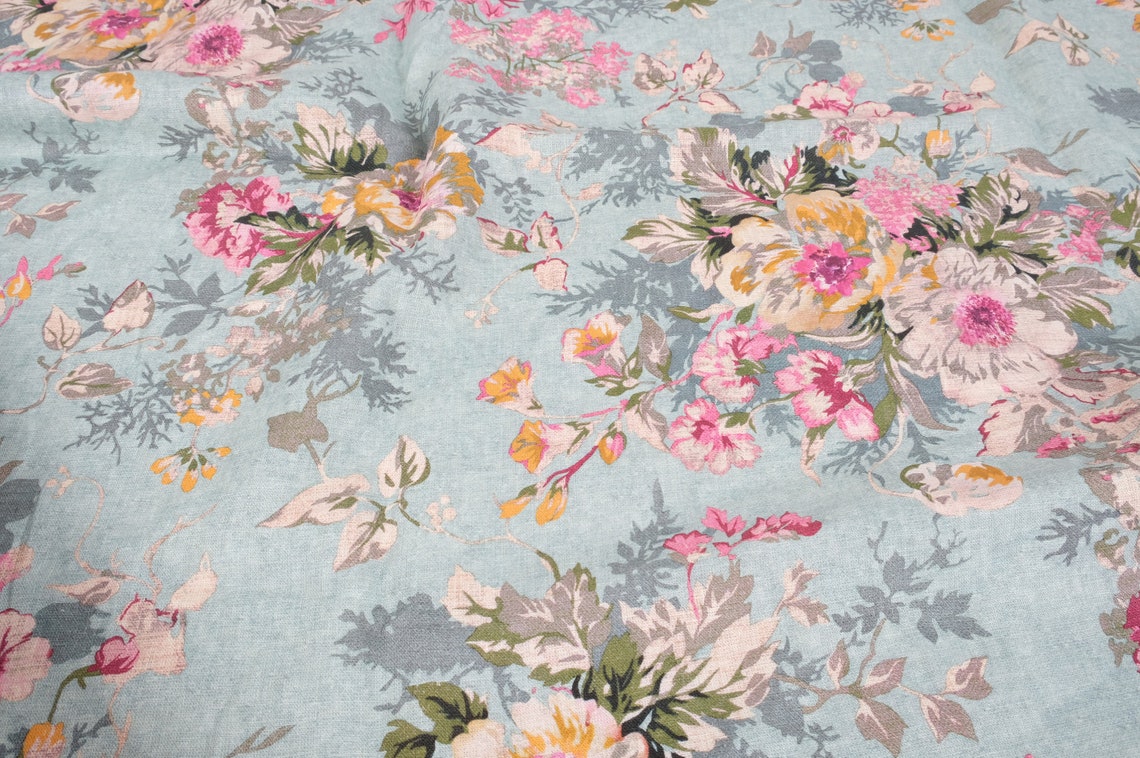 Softened Floral Pattern Linen Fabric Medium Weight Linen With | Etsy