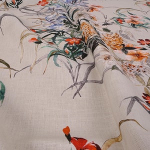 Softened Floral Pattern Linen Fabric, Medium Weight Linen With Flowers ...