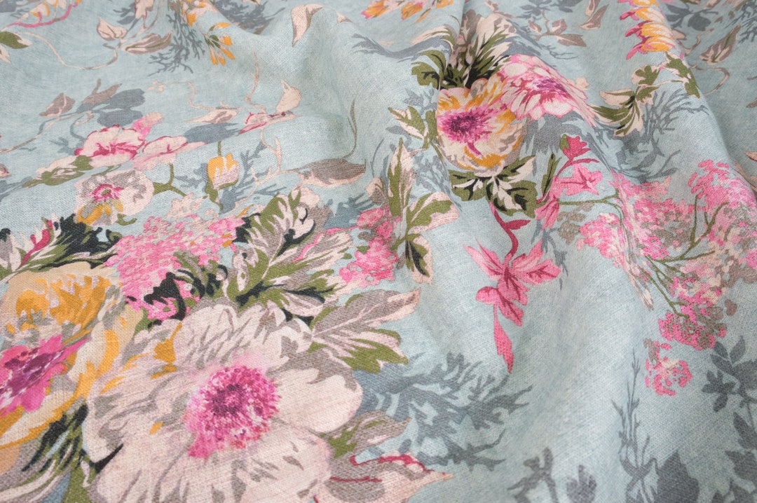 Softened Floral Pattern Linen Fabric, Medium Weight Linen With Flowers ...