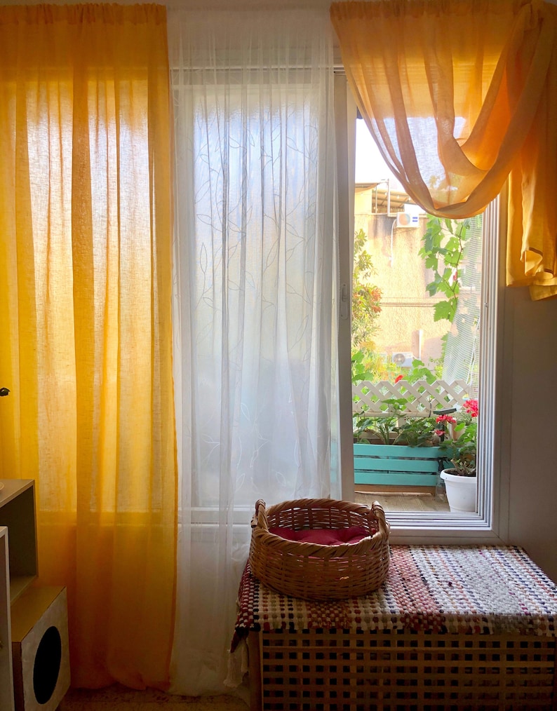 YELLOW SHEER Curtains 100% Linen Gauze Window Panel. Kitchen - Etsy