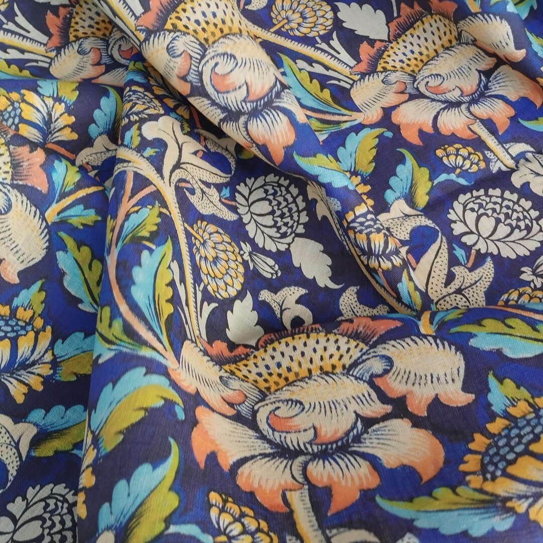 BLUE Floral Linen Fabric, Heavy Weight Linen Upholstery Washed Flax ...